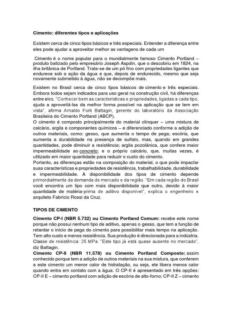 Cimento Diferentes Tipos E Aplicacoes Download Grátis Pdf Cimento