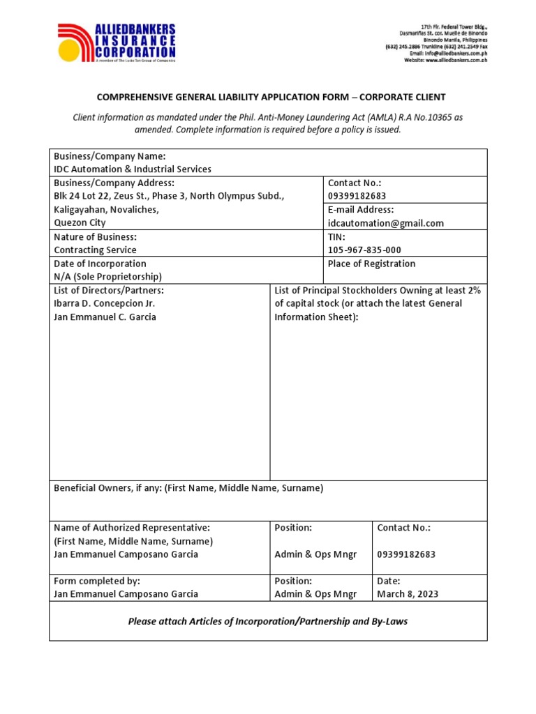 CGL Application Form - Corporate (Final) | PDF | Liability Insurance ...