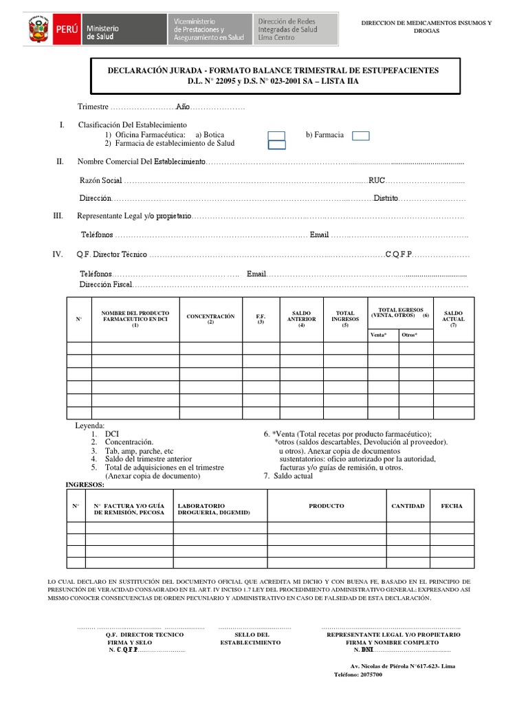 Formato de Balance Trimestral de Estupefacientes | PDF | Farmacia ...