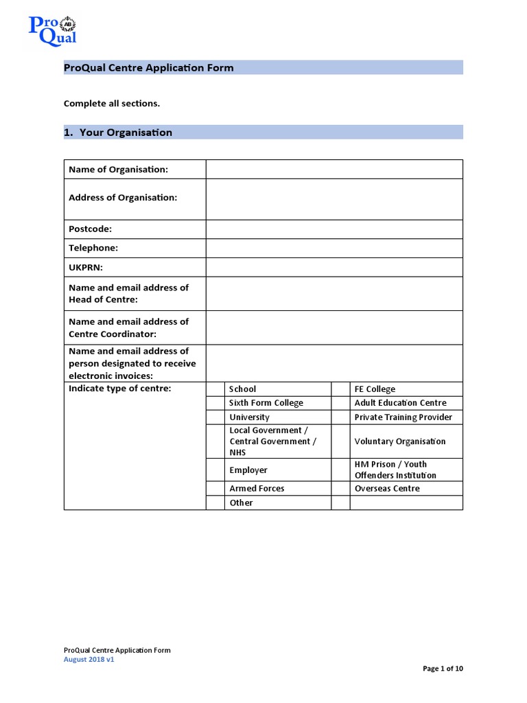 ProQual Centre Application Form v1 August 2018 | PDF