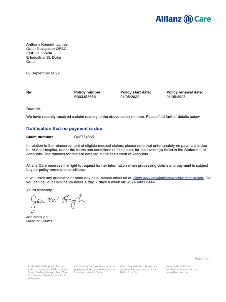Claim Status Notification - No Payment Due | PDF