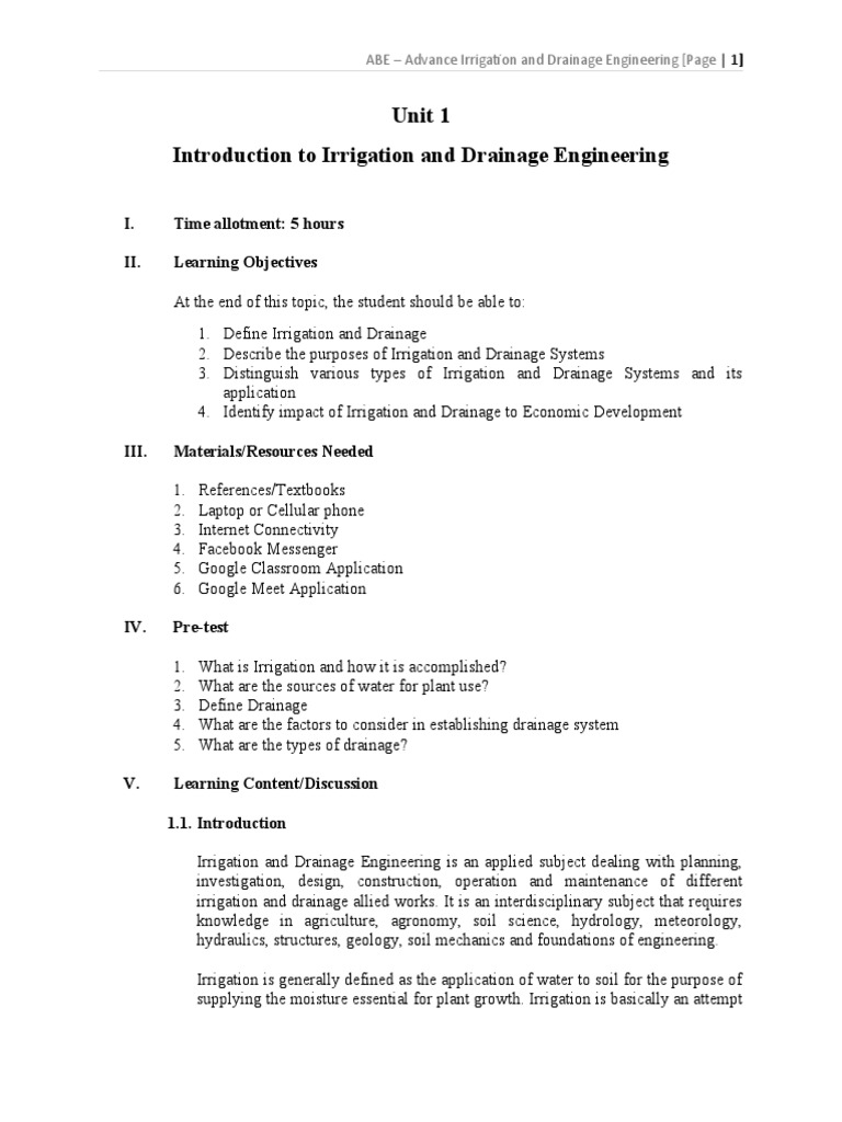 Unit 1. Intro To Irrigation and Drainage | PDF | Groundwater | Irrigation