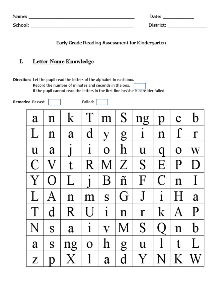 Early Grade Reading Assessment For Kindergarten Final | PDF | Medical ...