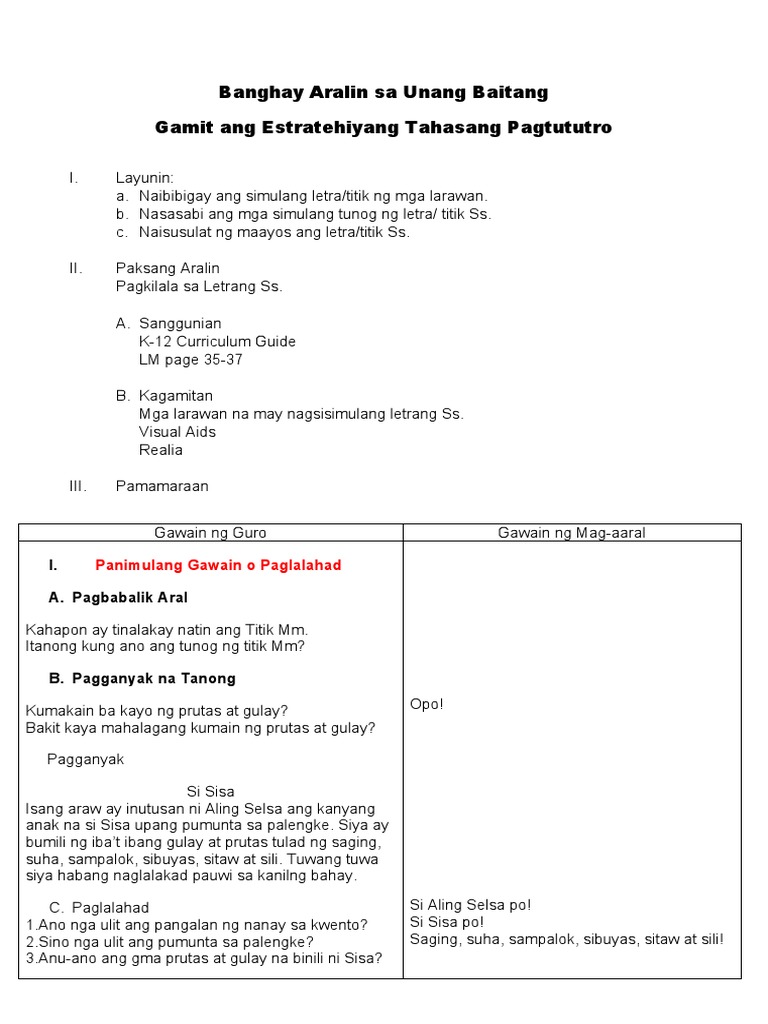 Banghay Aralin Sa Titik Ss | PDF