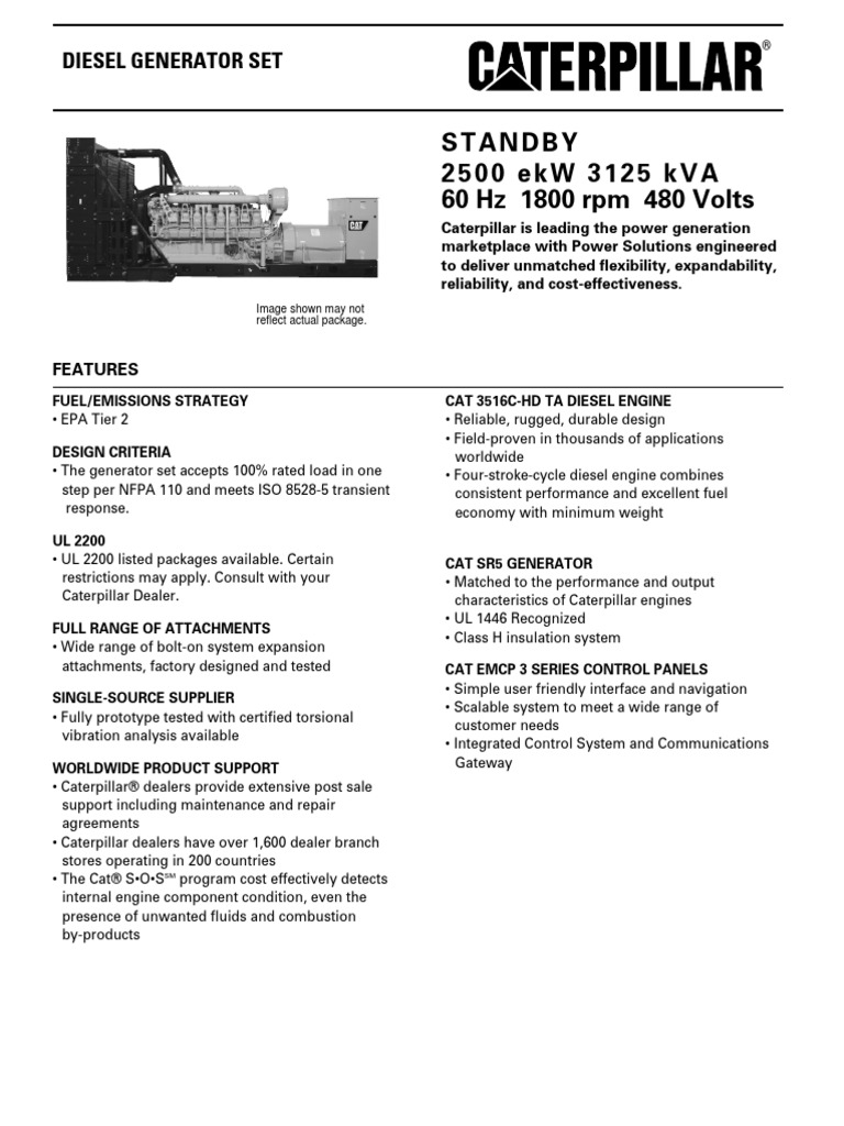 3516 2500 KW Standby 480 V PDF | PDF | Engines | Diesel Engine
