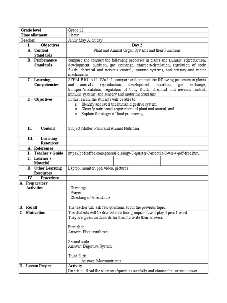 Lesson Plan On Nutrition | PDF | Nutrition | Diet & Nutrition