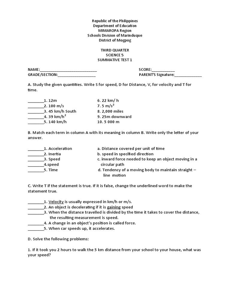 ST - Science 5 - Q3 | PDF | Speed | Acceleration