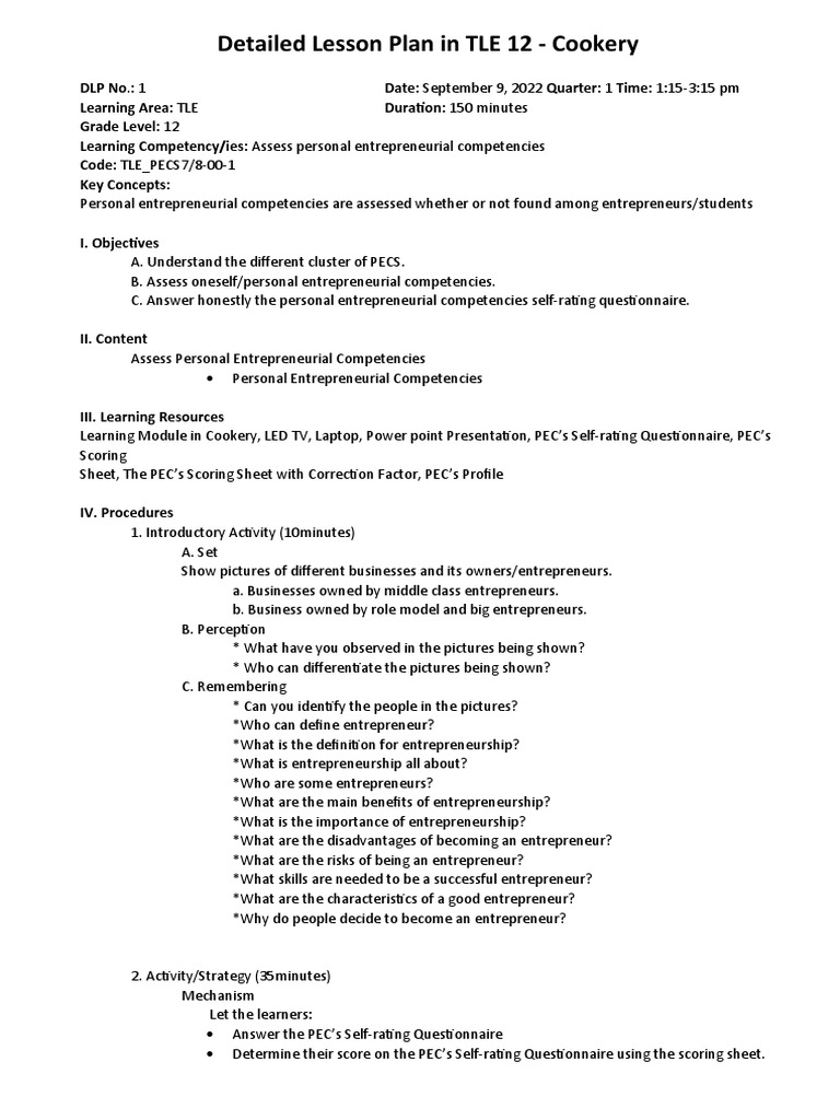 TLE 12 Cookery Lesson Plan: PECS Assessment | PDF | Entrepreneurship | Risk