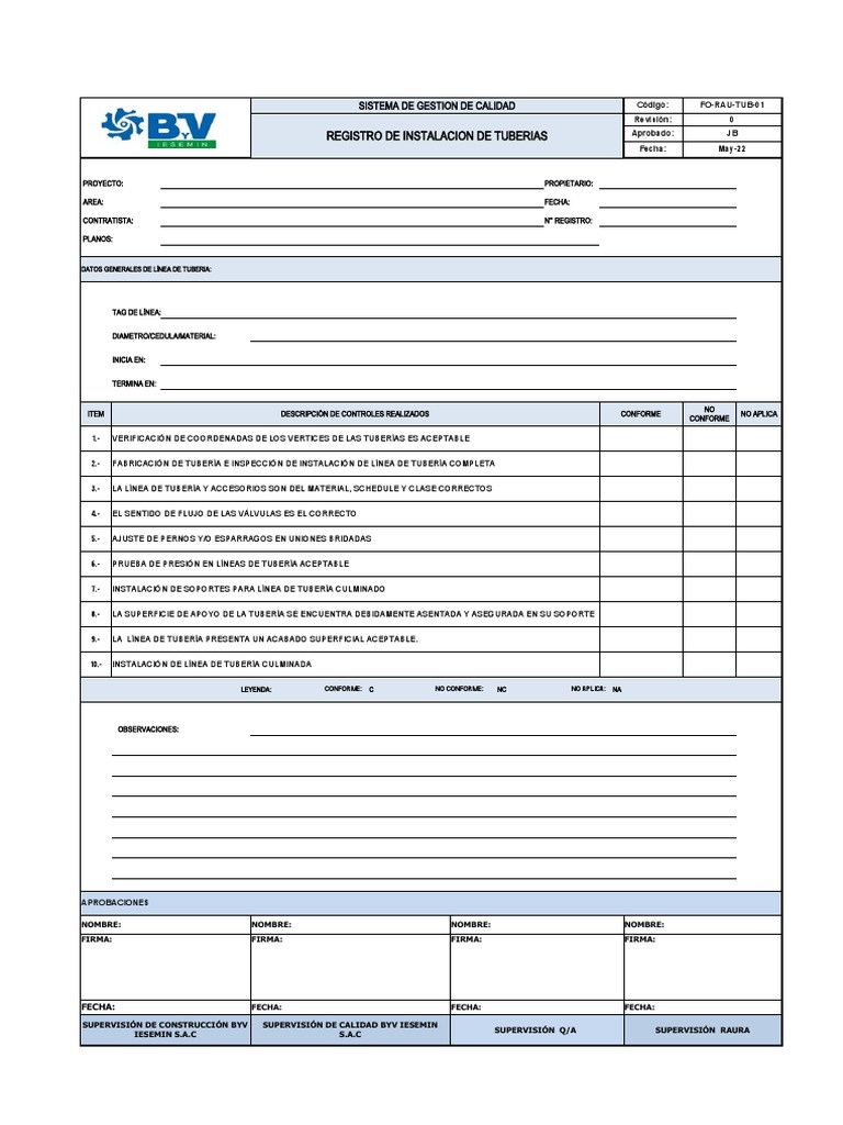 Fo-Rau-Tub-01 Registro de Instalacion de Tuberias | PDF | Ingeniería mecánica