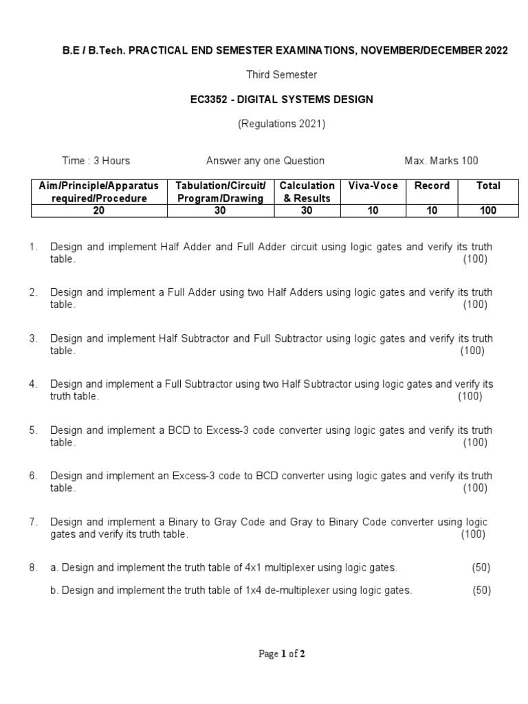 Design and Implementation of Digital Logic Circuits for End Semester Examinations | PDF | Binary ...