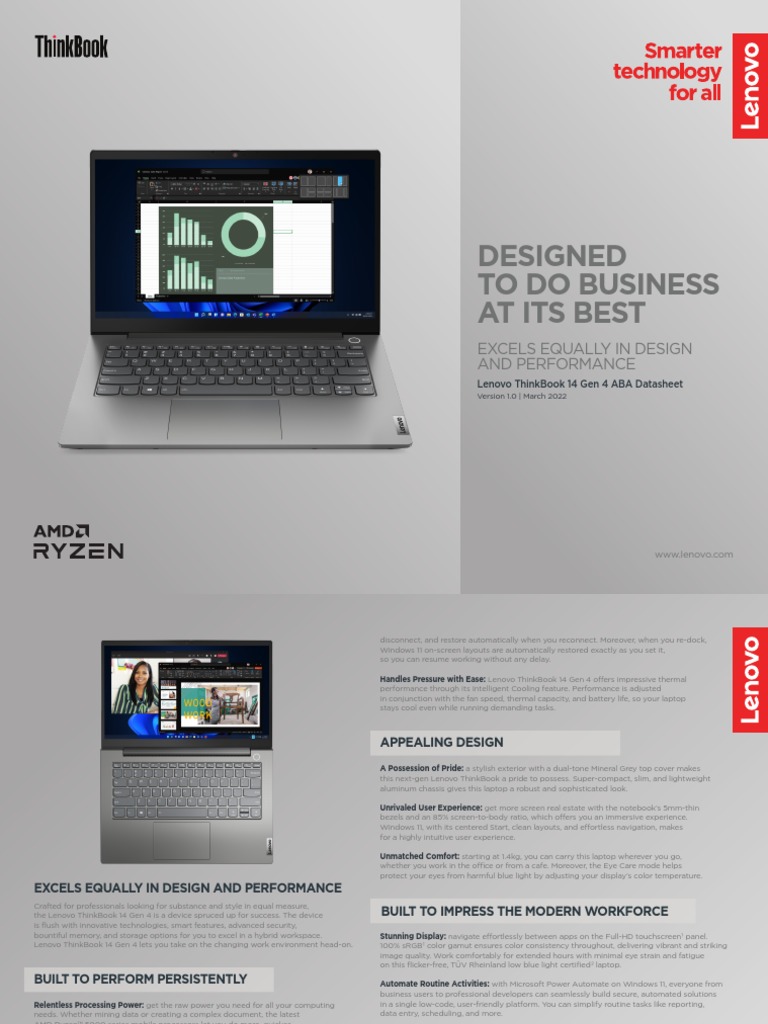 Thinkbook 14 Gen 4 Aba Data Sheet PDF | PDF | Laptop | Lenovo