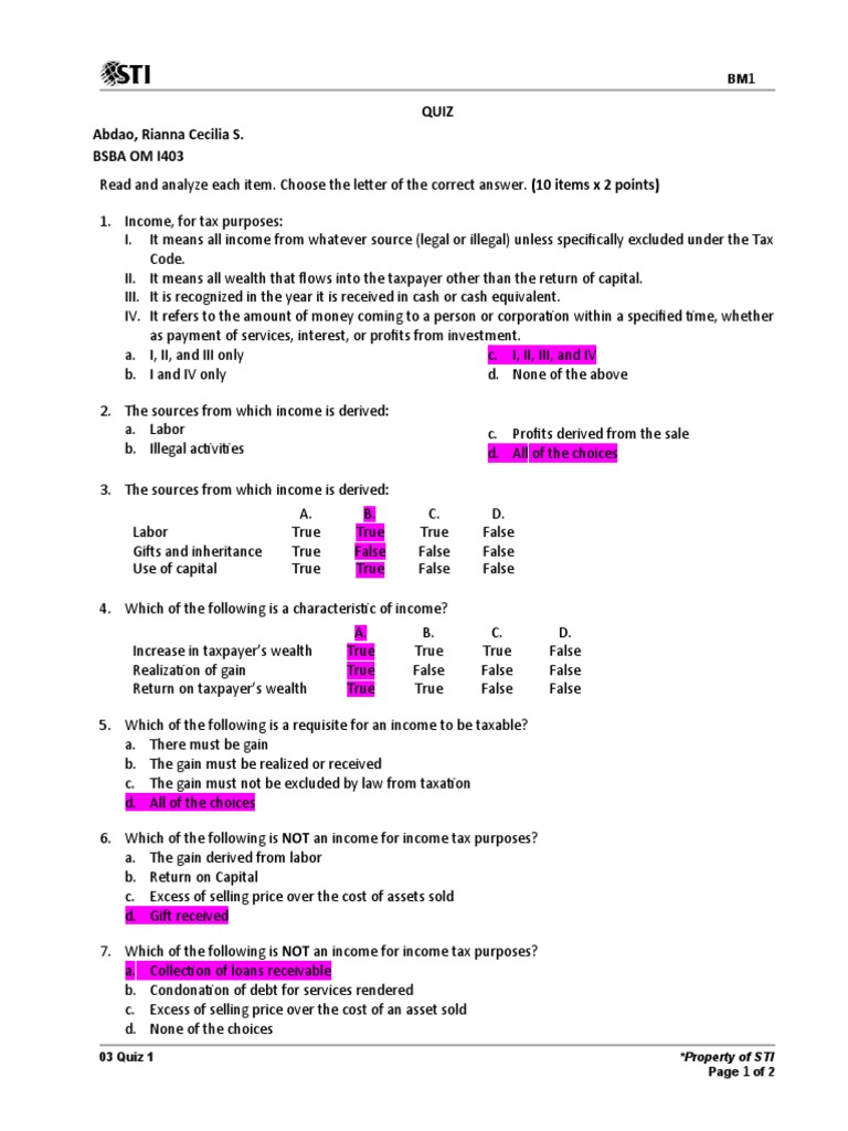 Bm1 Quiz Pdf Income Taxes