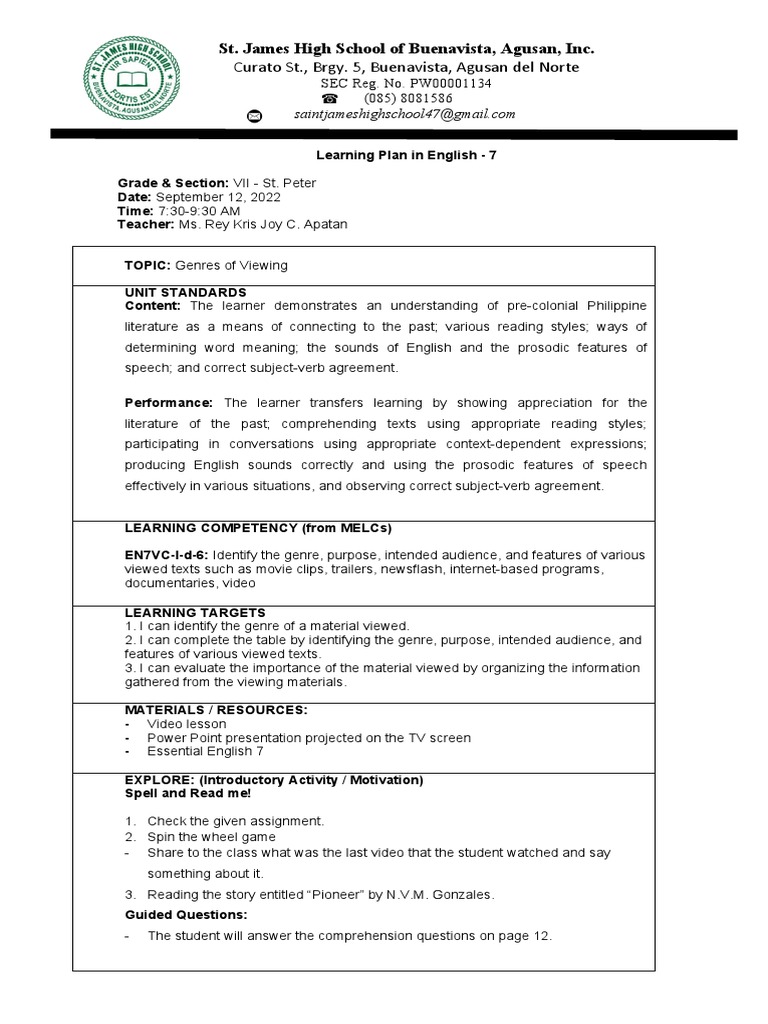 2nd - Weekly Learning Plan (English 7) | PDF | Reading Comprehension | Cognition