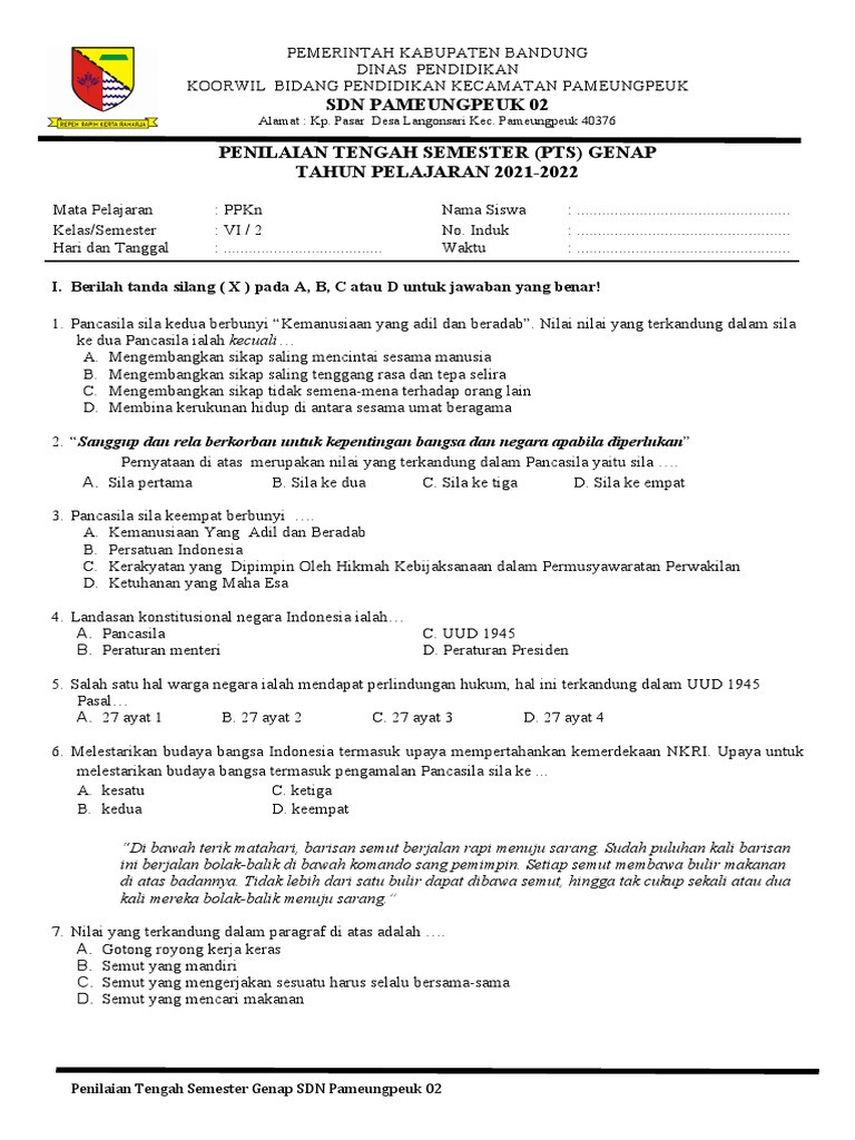 SOAL PTS GENAP 2021-2022 KELAS 6 - Pameungpeuk 02 | PDF