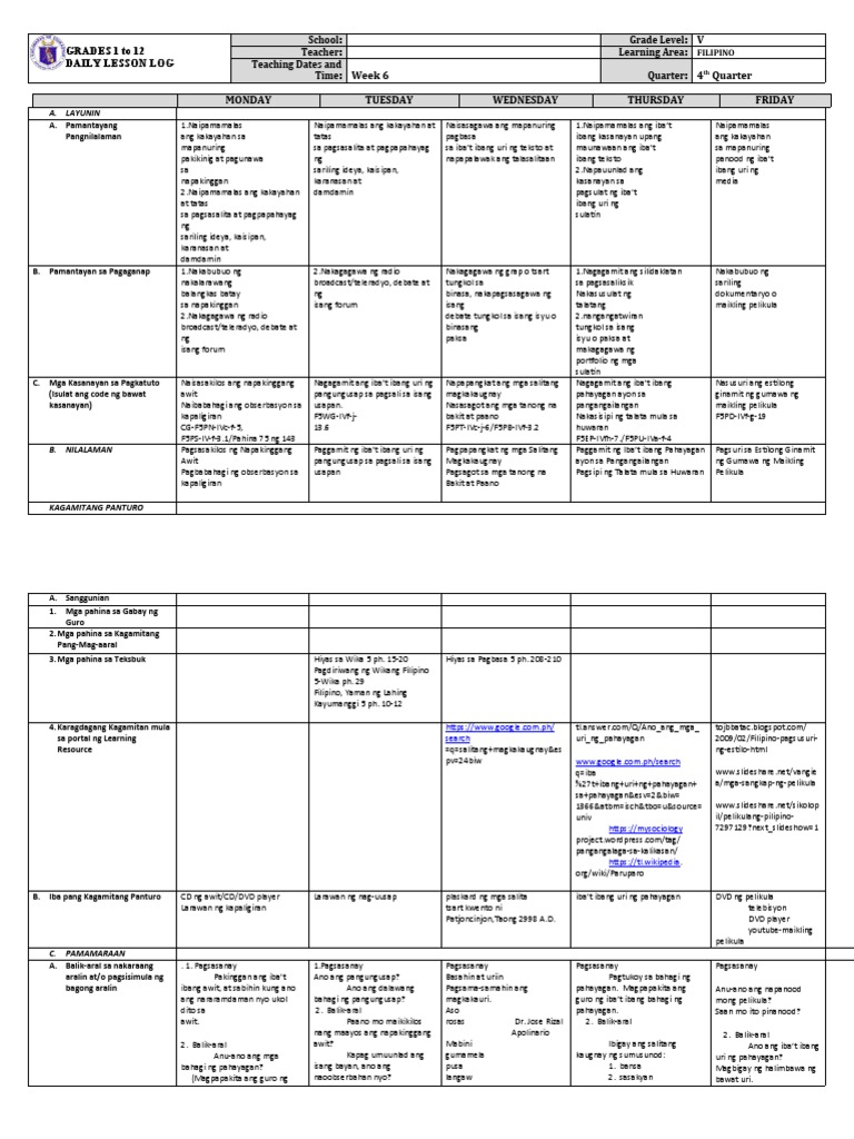 Grade 5 DLL FILIPINO 5 Q4 Week 6 | PDF