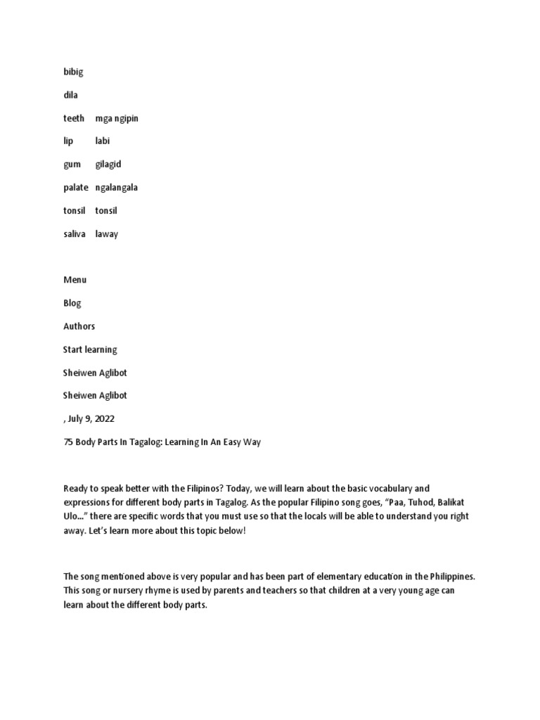 Eng-Fil Parts of The Body | PDF | Tagalog Language | Eyebrow