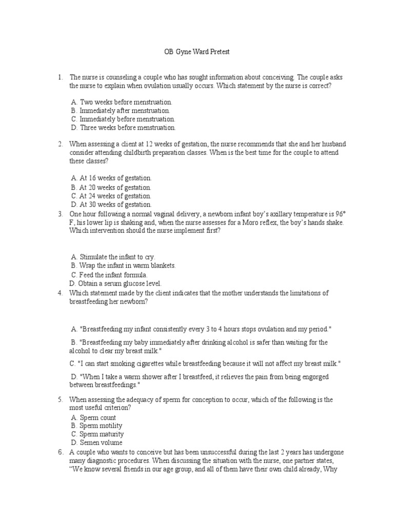 OB Gyne Ward Pretest | PDF | Breastfeeding | Pregnancy