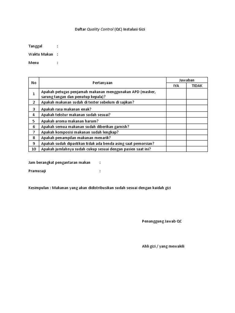 List Quality Control Instalasi Gizi | PDF