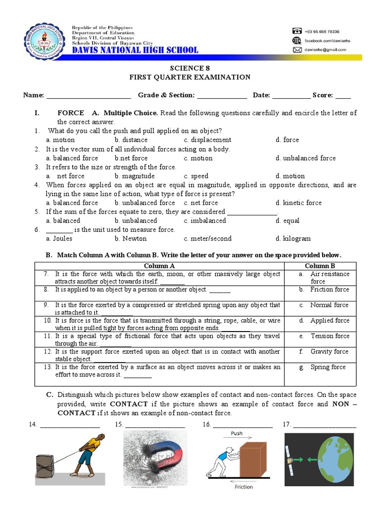 Science 8 Q1 Exam (22-23) | PDF | Force | Newton's Laws Of Motion