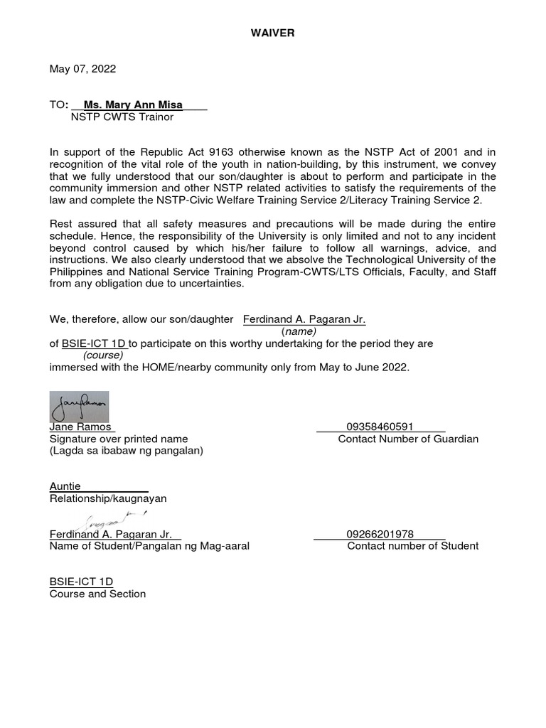 Parental Waiver for NSTP Activities | PDF