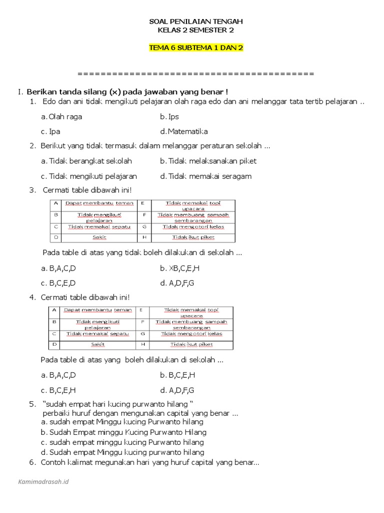 PTS KELAS 2 (Tema 6 Subtema 1 Dan 2) - Kamimadrasah | PDF | Seni & Disiplin Bahasa