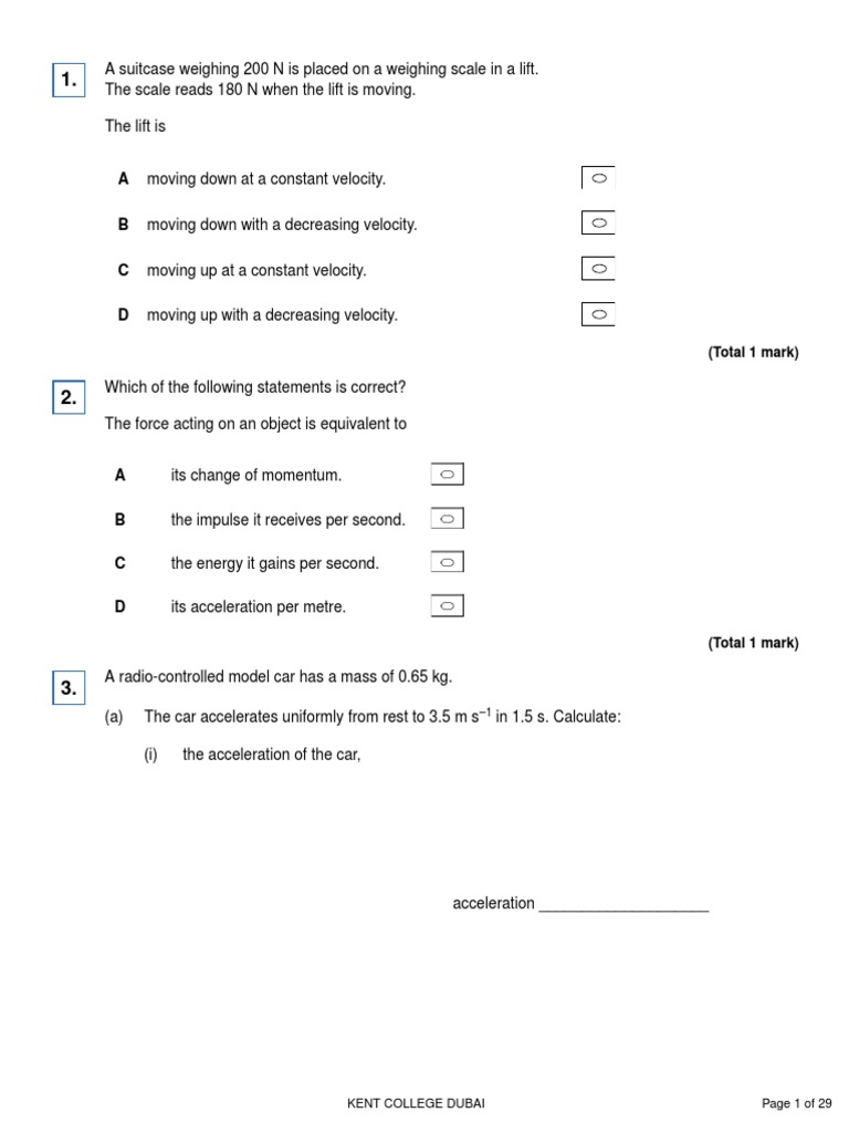 Newtons Laws of Motion Aqa A Level Physics Exam Questions | PDF | Force | Acceleration