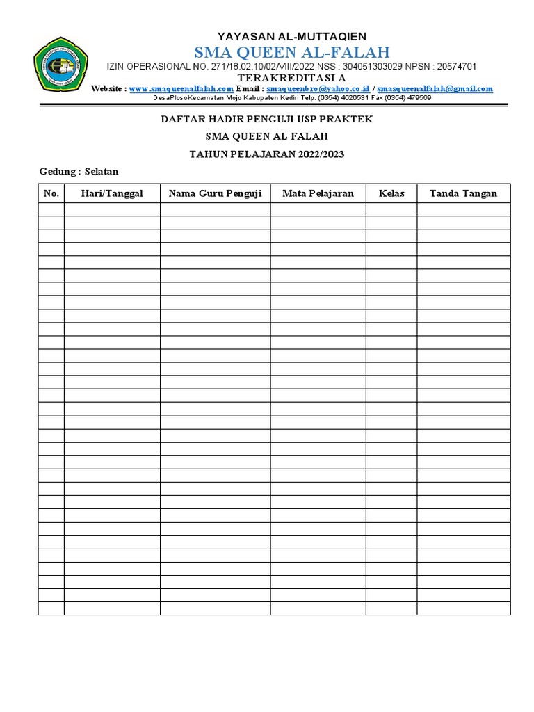 Daftar Hadir Penguji USP SMA | PDF
