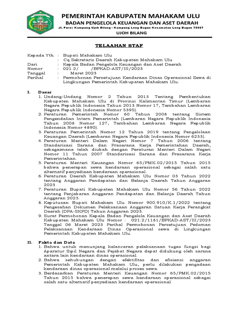Telaahan Staf Kepala BPKAD Sewa Kendaraan Dinas 2023 | PDF