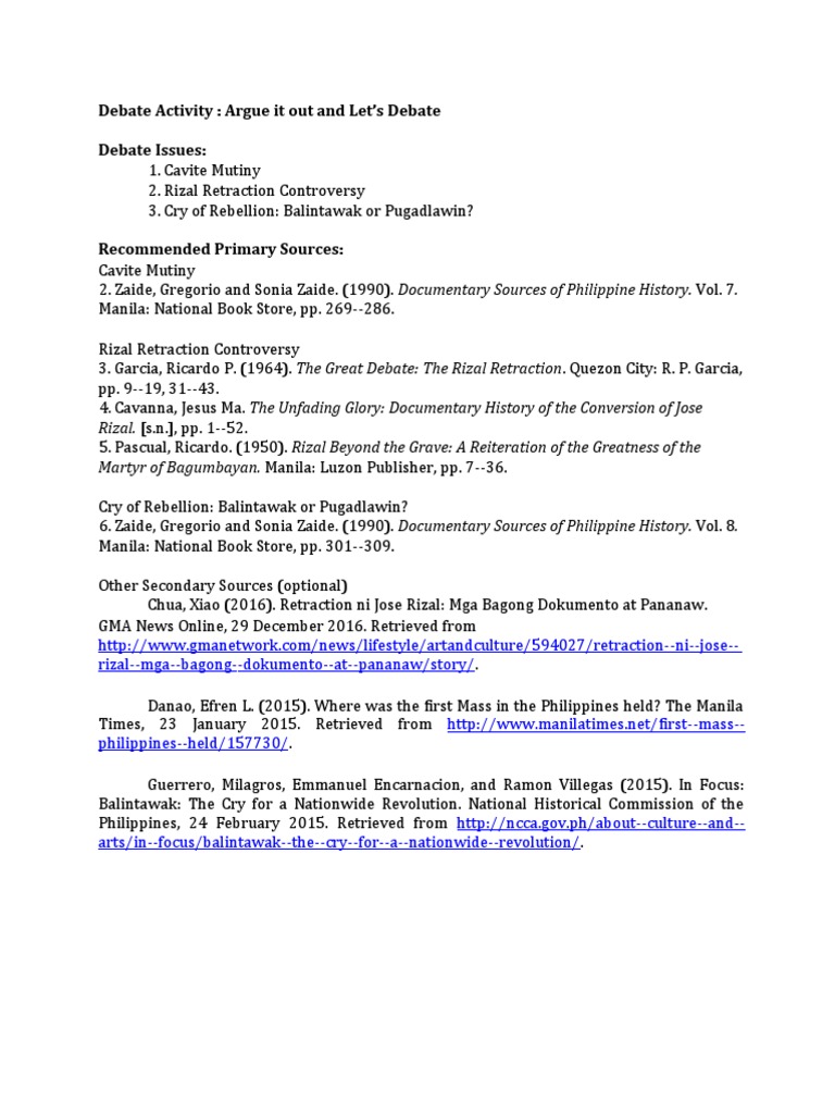 Debate Activity Guide: Analyzing Historical Events Through Argumentation | PDF | Philippines