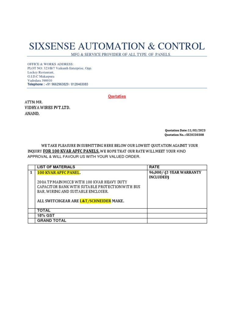 Quotation SS20230308 100KVAR APFC PANEL VIDHYA WIRES | PDF ...