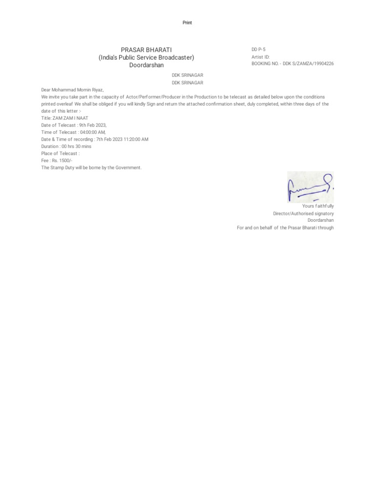 Artist & Talent Booking System (ABS - TBS) - Prasar Bharati PDF | PDF ...