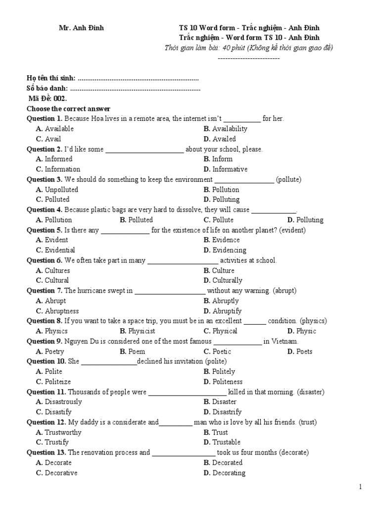 002 TS 10 Word Form - Trac Nghiem - Anh Dinh 26 02 2023 HS | PDF