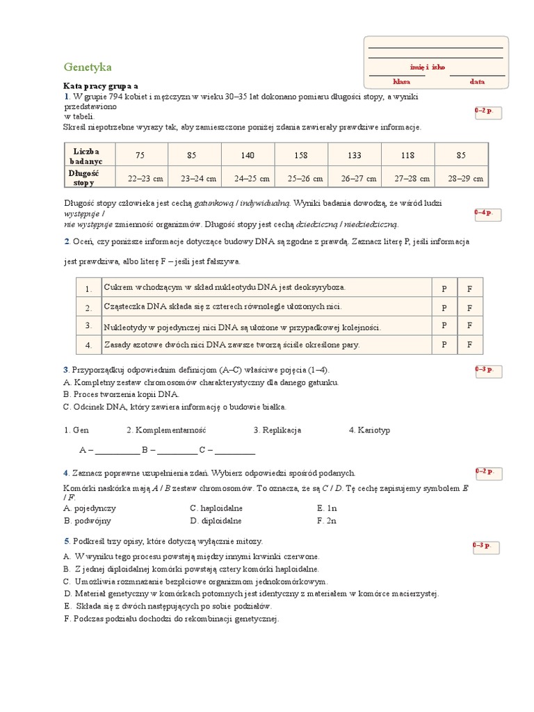 Genetyka - Karta Pracy | PDF