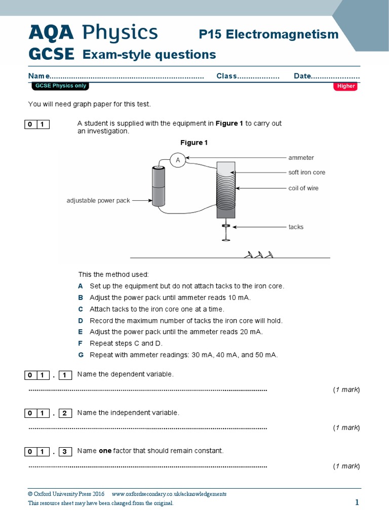 P15 Tests Electromagnetism | PDF | Magnetic Field | Transformer