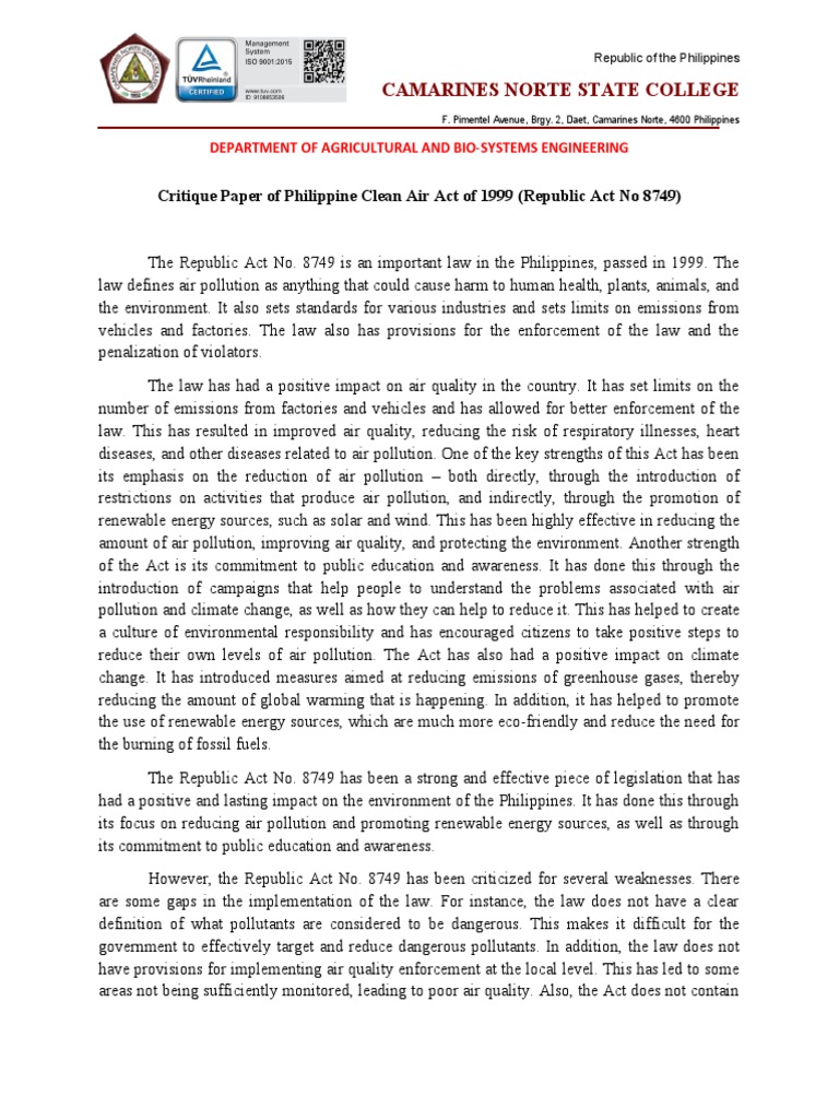 Critique Paper of Philippine Clean Air Act of 1999 | PDF | Air ...