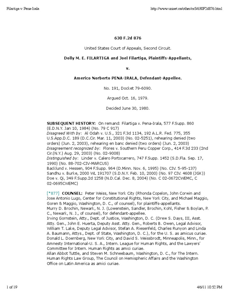 Filartiga V Pena Irala | PDF | International Law | Justice