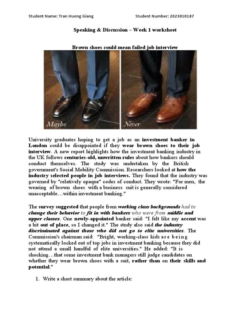 Week 1 Worksheet (Brown Shoes Means Failed Job Interview Happiness V ...