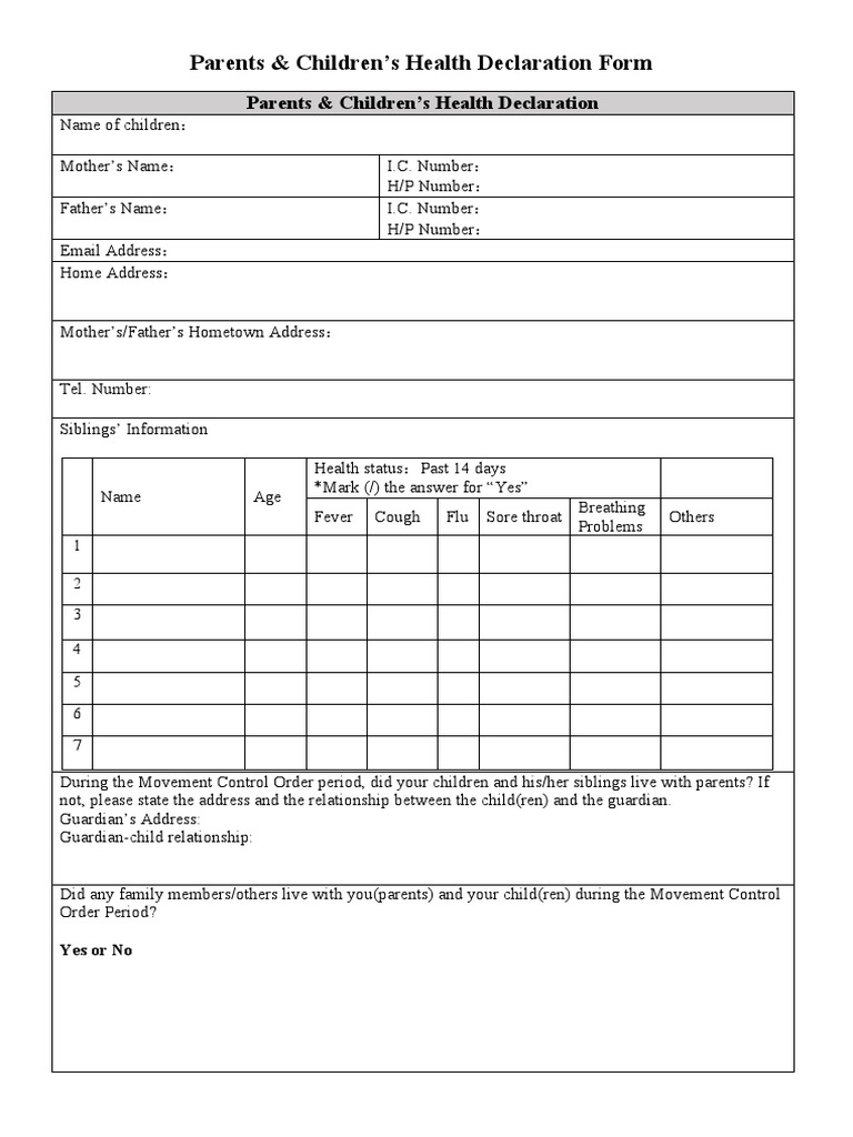 Parents' and Children's Health Declaration - Updated | PDF | Parent ...