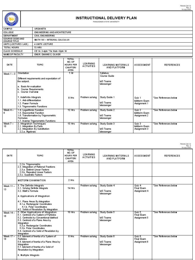IDP Math-103 Integ-Calc Oliver 2s-22-23 | PDF | Integral ...