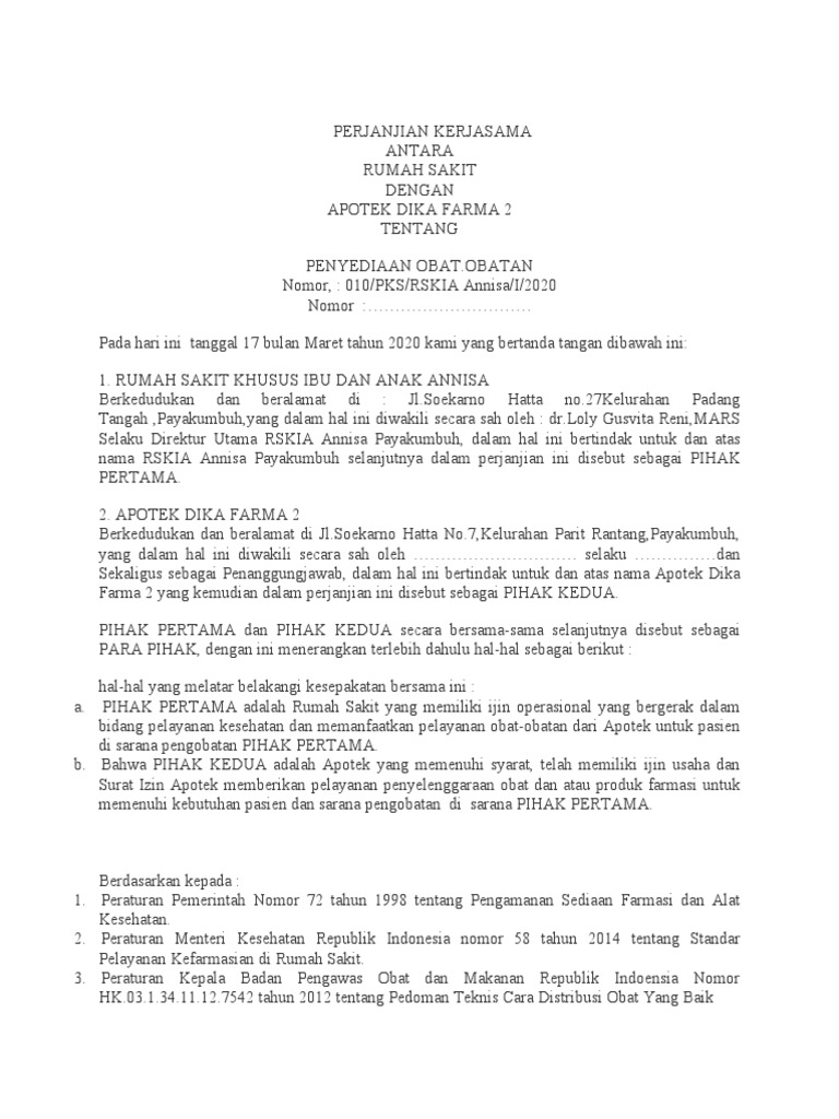 Contoh Kontrak Kerjasama Dengan Apotek Dika Farma 2 Pdf