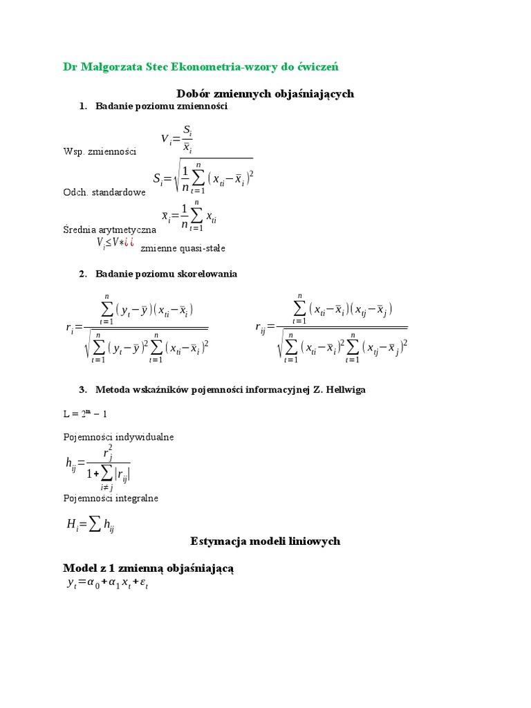 Ekonometria 2018-Wzory | PDF