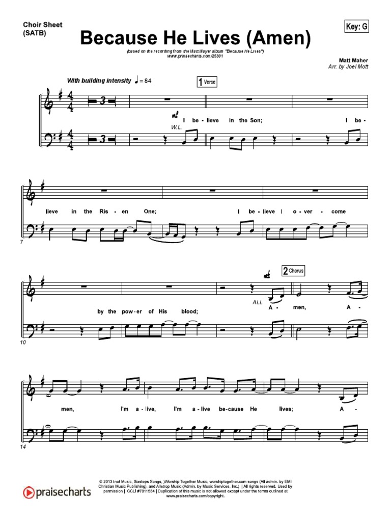 Because He Lives (Amen) - Choral Sheet (G) | PDF