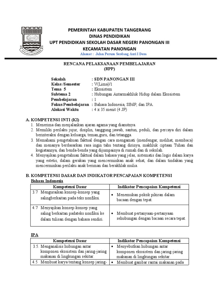 RPP Tema Ekosistem Kelas V SD | PDF | Kesehatan Holistik | Sains ...