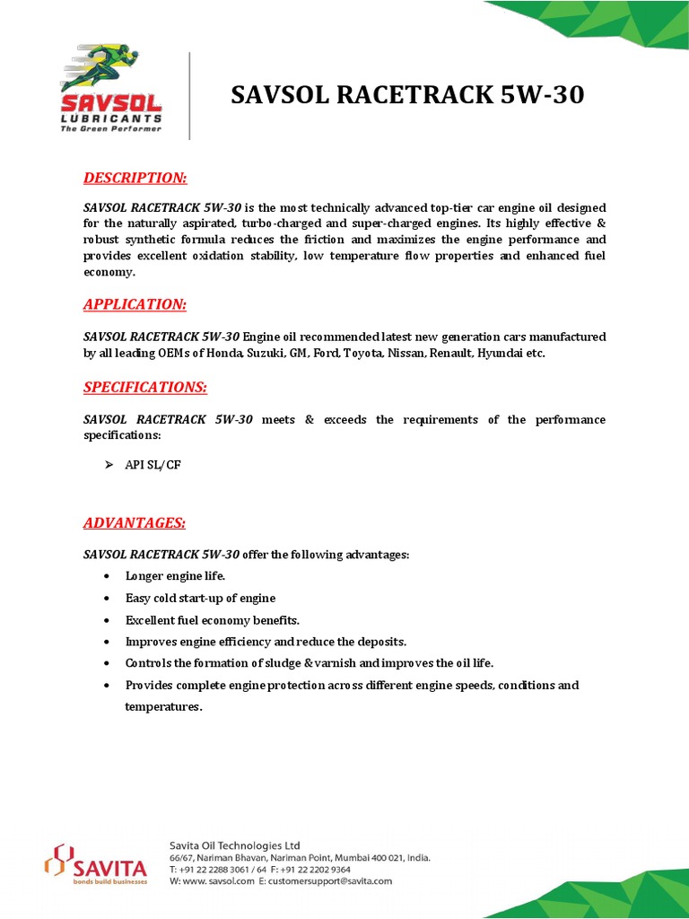 SAVSOL Racetrack 5W 30 - SL CF | PDF | Motor Oil | Mechanical Engineering