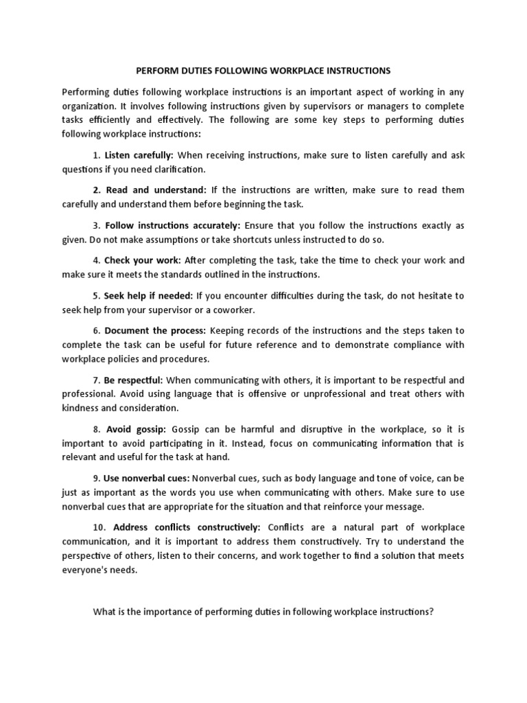 Perform Duties Following Workplace Instructions | PDF | Nonverbal ...