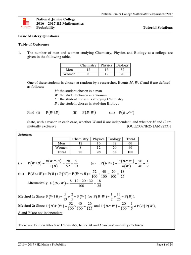 2016 - 2017 H2 Maths Probability Tut Solns Final | PDF | Mathematics | Probability