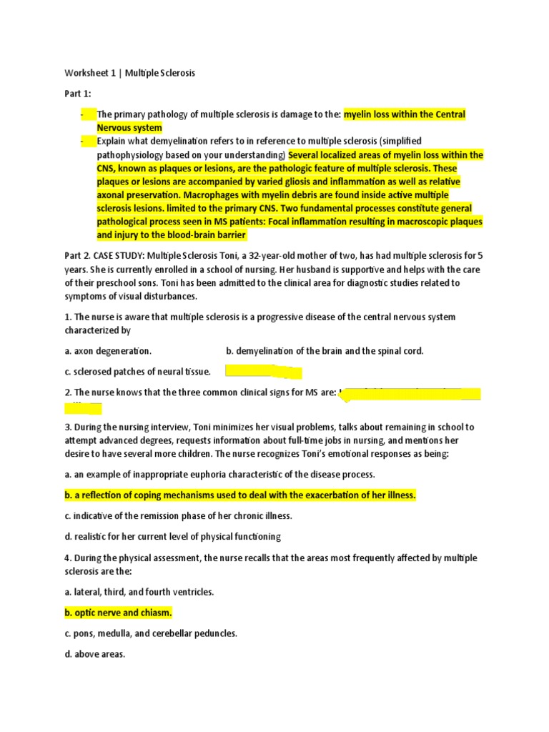 Worksheet 16 | PDF | Multiple Sclerosis | Medical Specialties