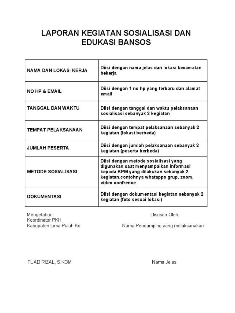 Format Laporan Kegiatan Sosialisasi Dan Edukasi Bansos | PDF