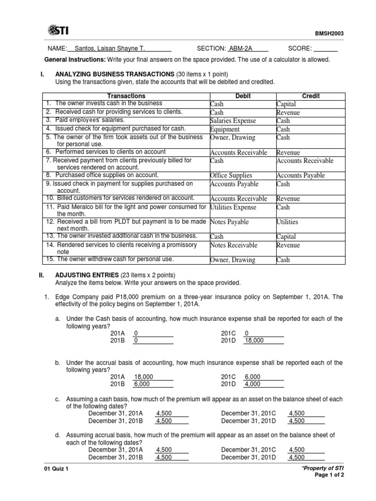 01 Quiz 1 | PDF | Debits And Credits | Cash 01 Quiz 1 | PDF | Debits And Credits | Cash