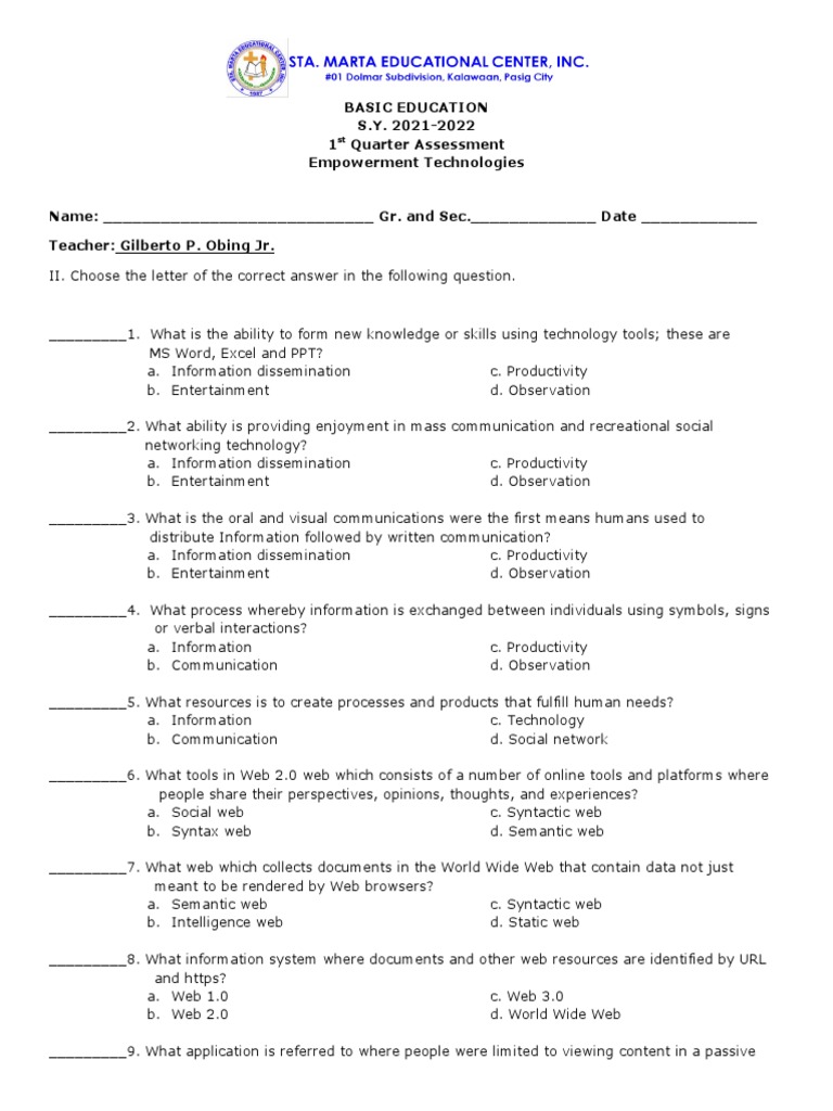 1st Quarter Assessment: Empowerment Tech | PDF | World Wide Web ...